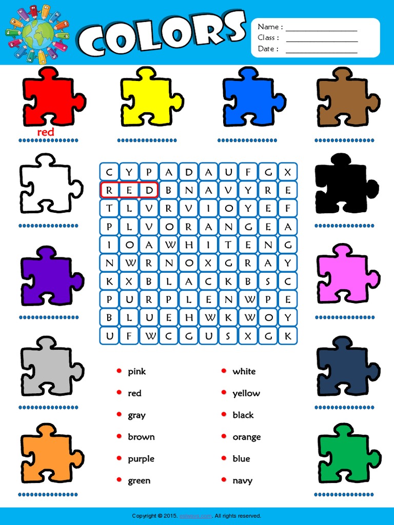 Colors Esl Vocabulary Word Search Worksheet For Kids PDF | PDF