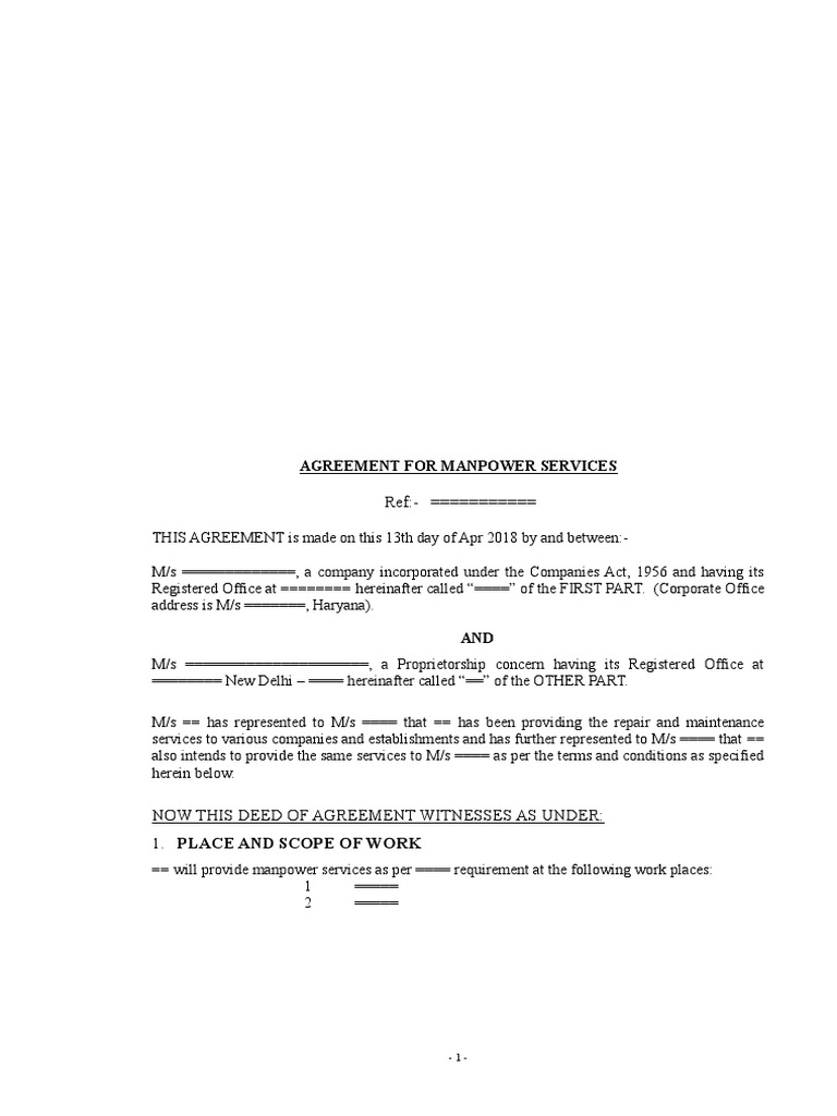 Manpower Contract Agreement-Format | PDF | Employment | Wage