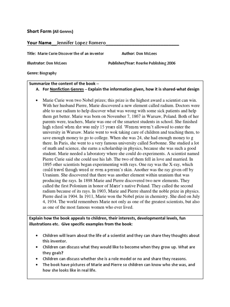 Short Form Biography | PDF | Marie Curie | Science