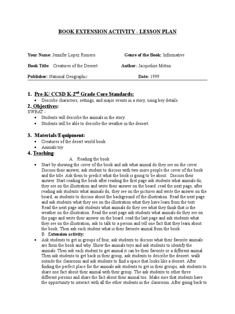 Book Extension Activity - Lesson Plan | PDF | Teaching | Behavior Modification