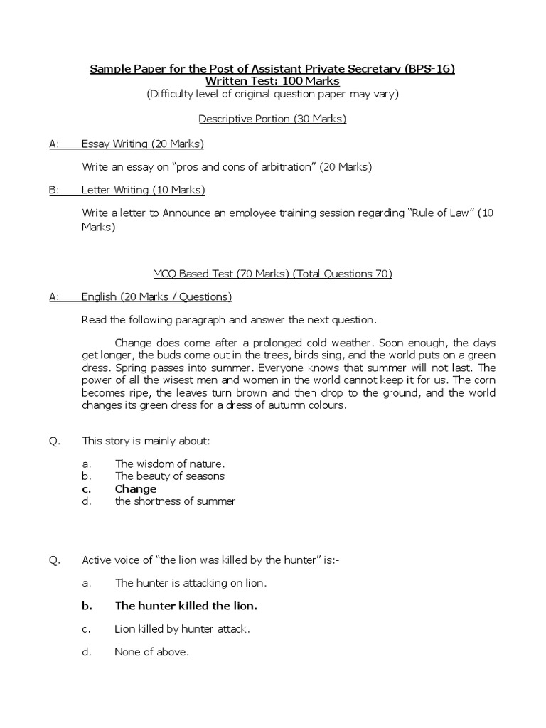 Sample Paper For The Post of Assistant Private Secretary (BPS-16 ...
