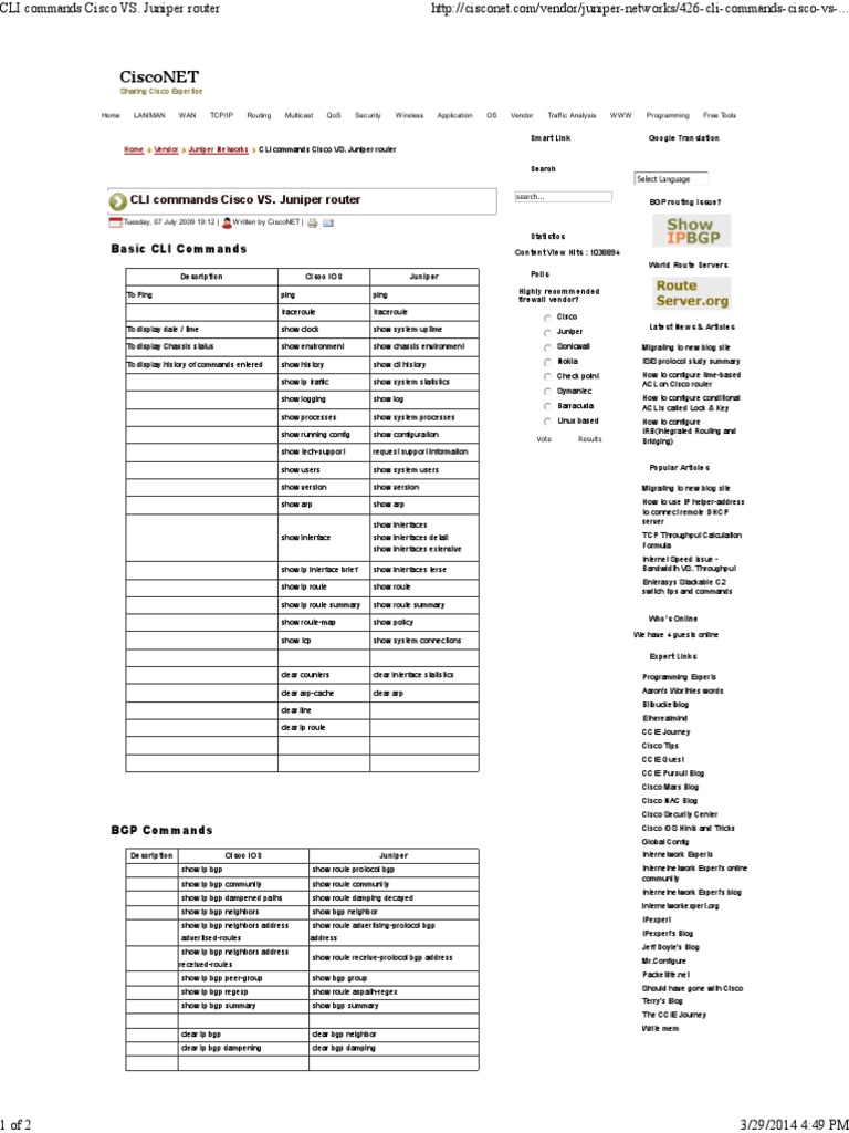 CLI Commands Cisco VS Juniper PDF | PDF | Router (Computing) | Internet Protocols
