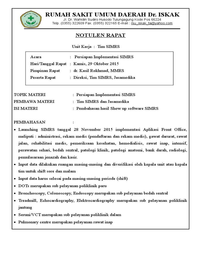 Notulen Rapat Persiapan SIMRS | PDF | Bisnis | Komputer