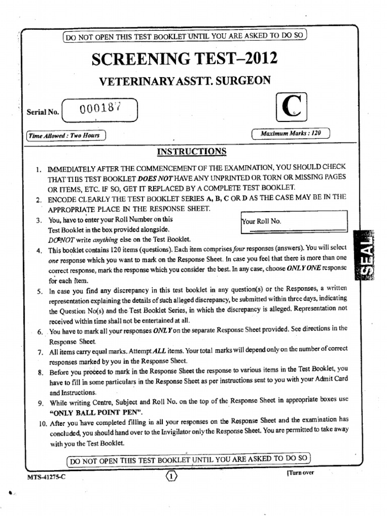 Screening Test-2012: Veterinary Asstt. Surgeon | PDF | Vitamin C | Cattle