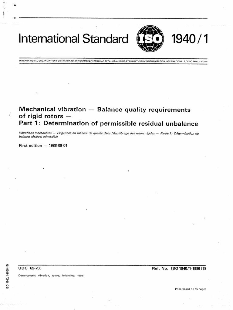 ISO 1940 - Balance Quality Requirement of Rigid Rotors | PDF