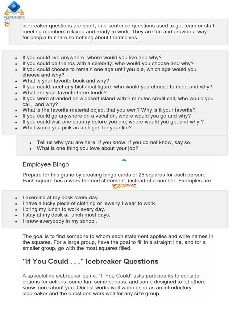 "If You Could - . ." Icebreaker Questions: Employee Bingo | PDF