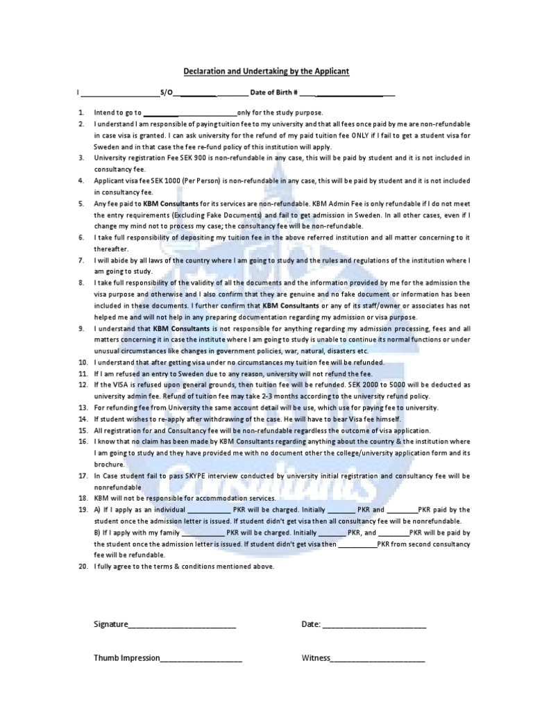 Updated Sweden Declaration 2017 | PDF | Fee | Travel Visa