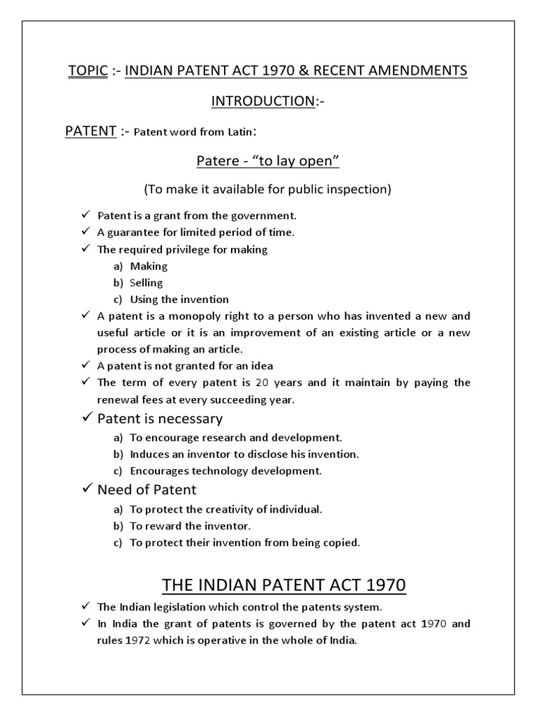 Indian Patent Act 1970 | PDF | Glossary Of Patent Law Terms | Patent
