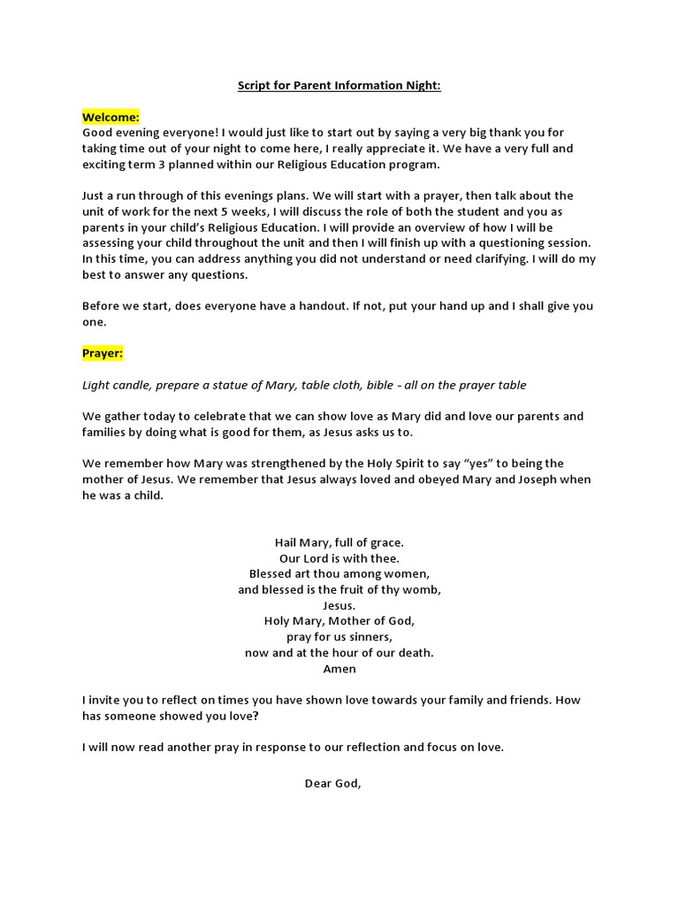 Script For Parent Information Night: Welcome | Download Free PDF | Mary ...