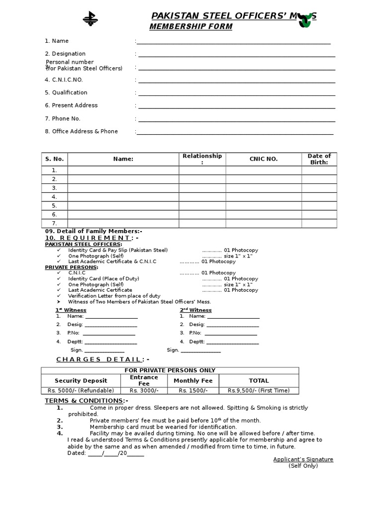 Pakistan Steel Officers' Mess Membership Form | PDF | Official ...