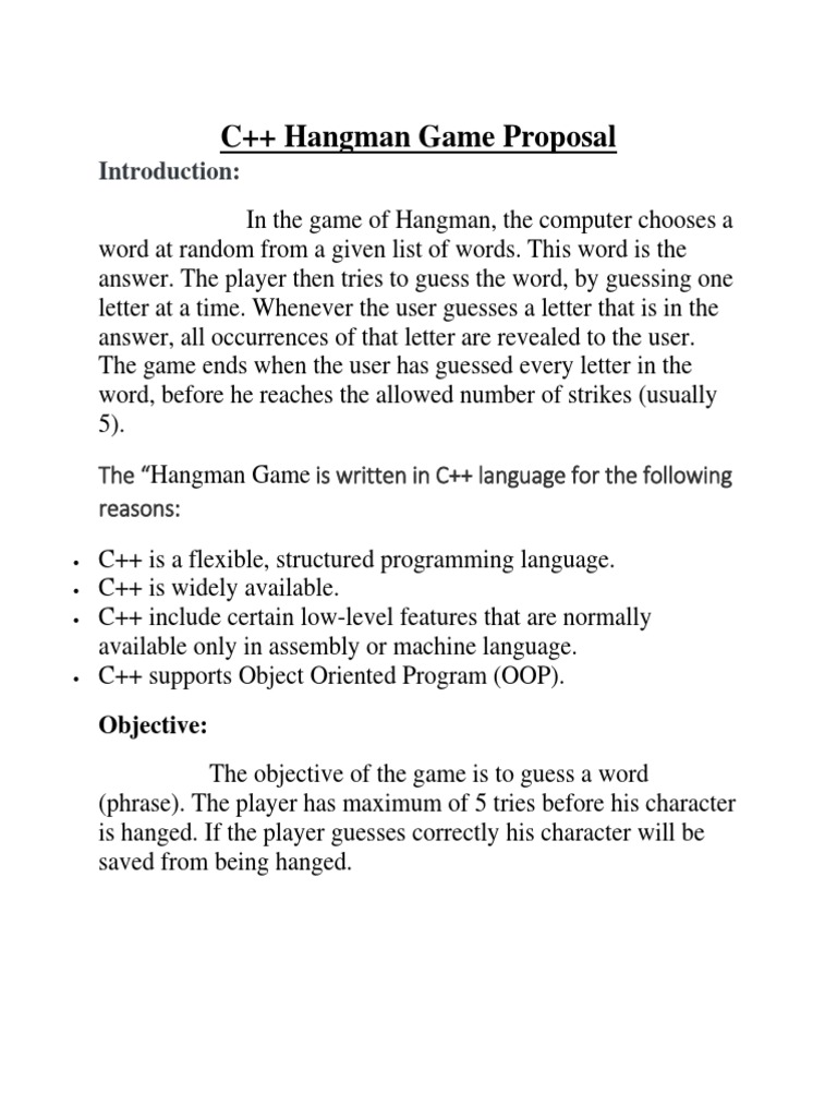C++ Hangman Game Proposal: The " Is Written in C++ Language For The Following Reasons | PDF