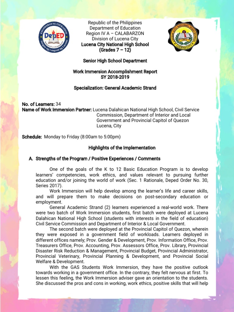 0 Work Immersion Accomplishment Report 2018 19 Template | PDF