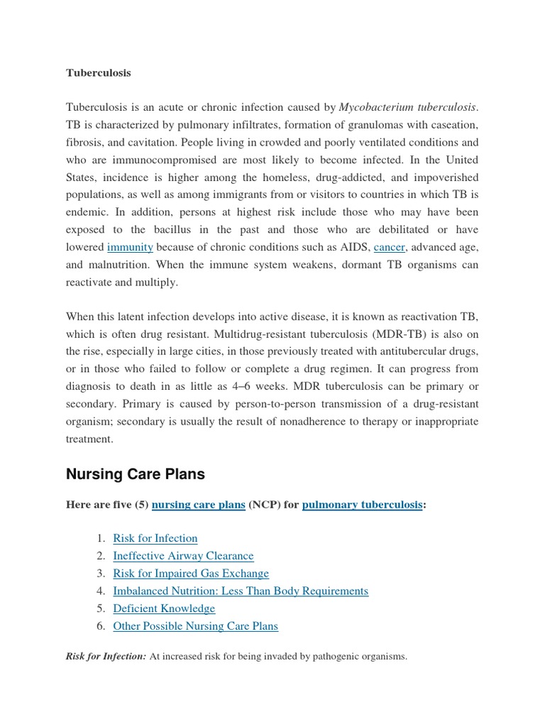 Tuberculosis: Nursing Care Plans | PDF | Tuberculosis | Infection