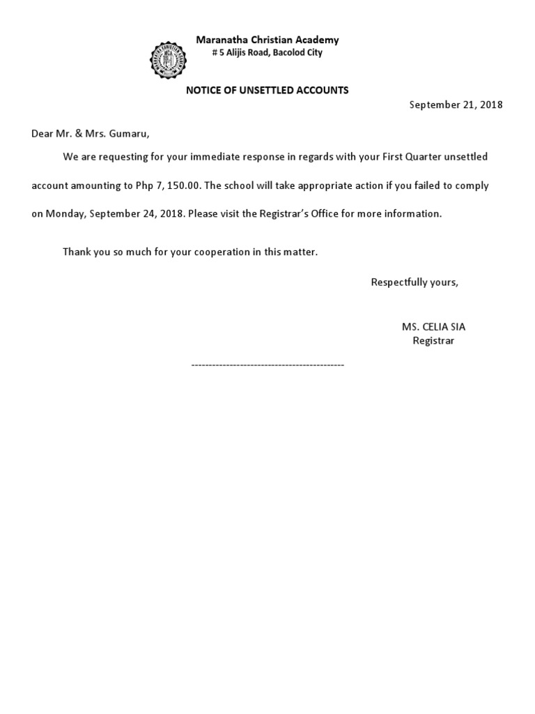 Notice of Unsettled Accounts at MCA | PDF