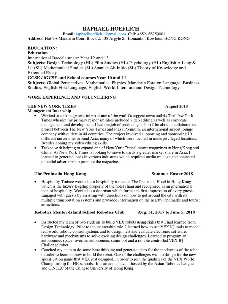 CV Raphael Hoeflich 2019 2pp | PDF | Robot | Robotics