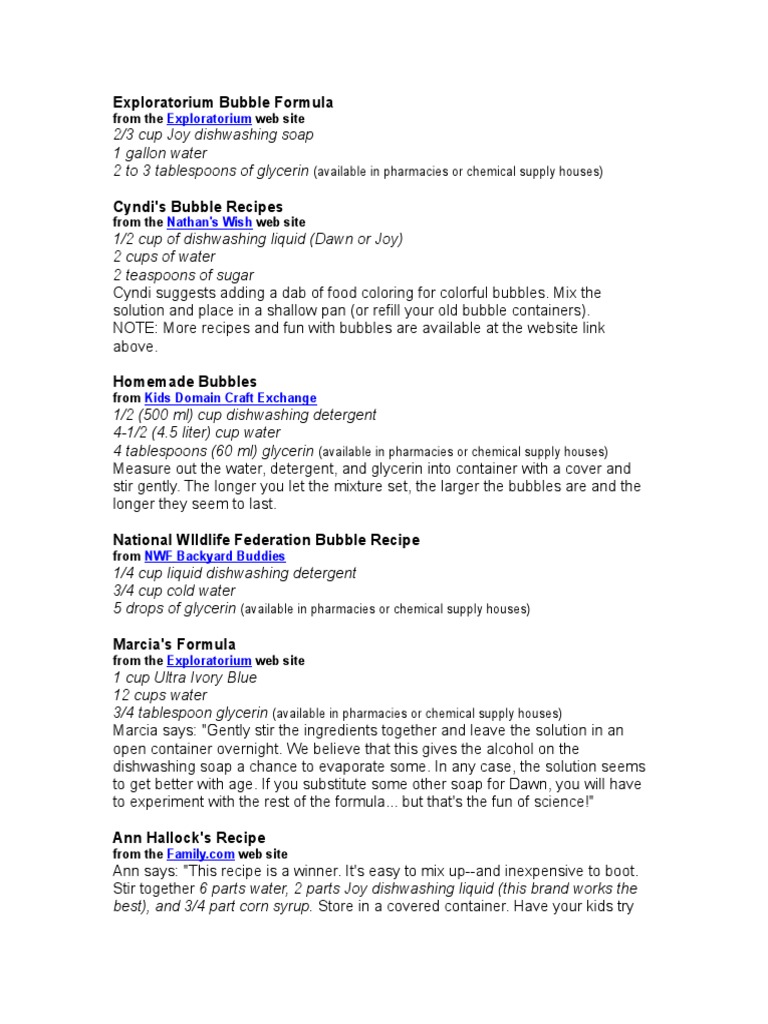 Exploratorium Bubble Solution Recipes | PDF | Syrup | Teaspoon
