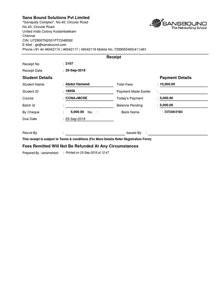 Sans Bound Solutions Receipt - Abdul Hameed | PDF
