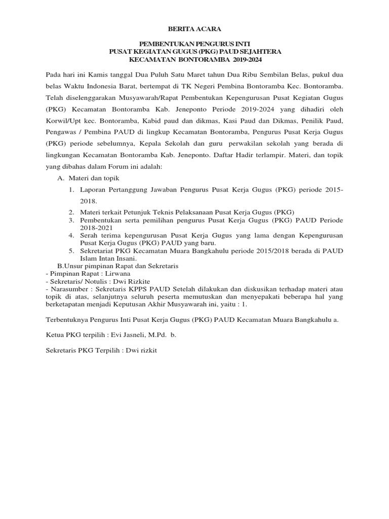 Berita Acara Pengurus PKG Paud | PDF