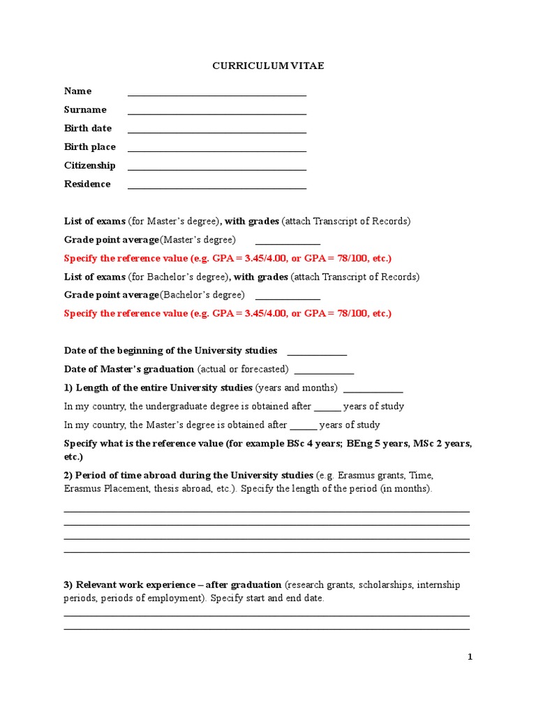 Academic CV Template for Master's Application | PDF | Academic Degree ...