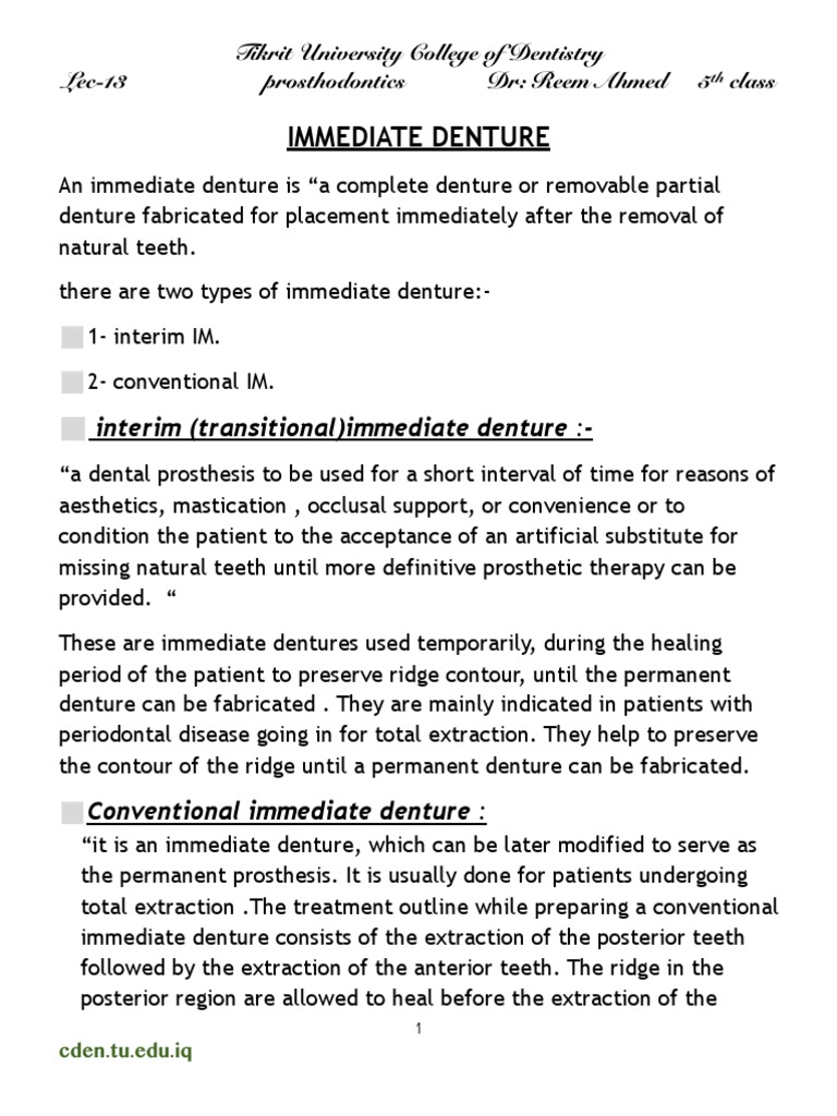 Interim (Transitional) Immediate Denture | PDF | Dentures | Dentistry