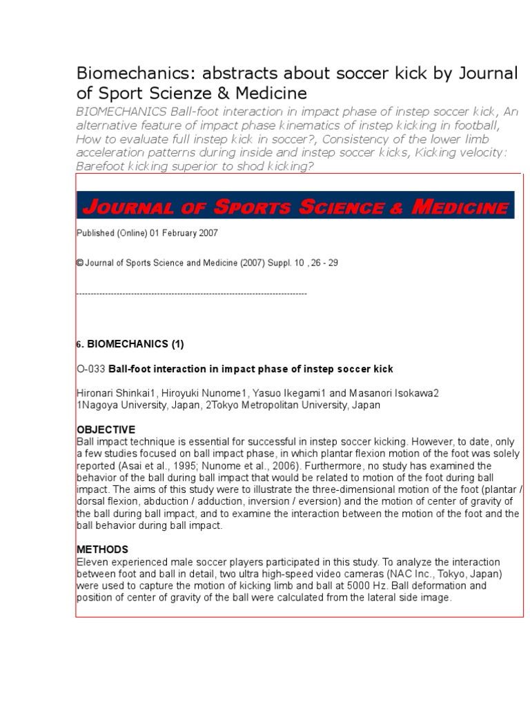 Biomechanics: Abstracts About Soccer Kick by Journal of Sport Scienze ...