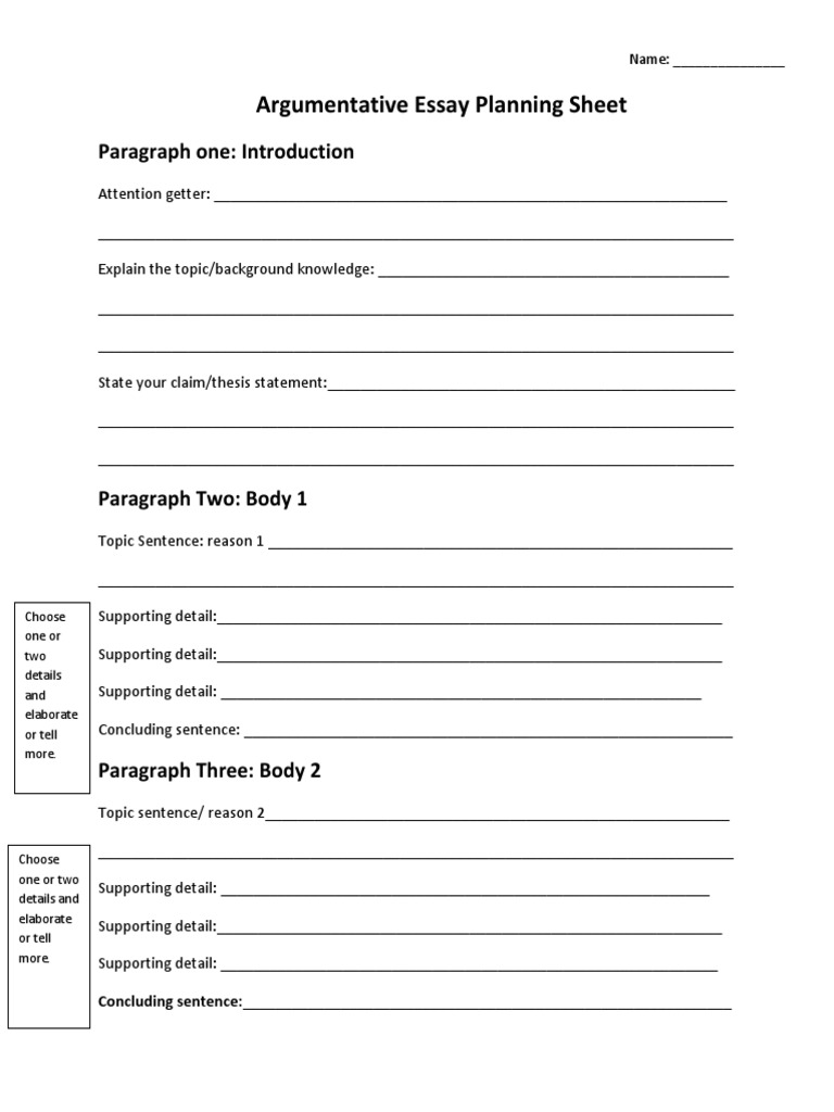 Argumentative Essay Planning Sheet: Paragraph One: Introduction | PDF ...