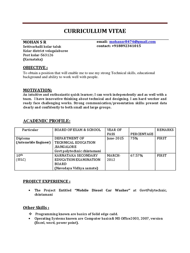 Curricullum Vitae: Mohan S R | PDF | Behavior Modification | Communication