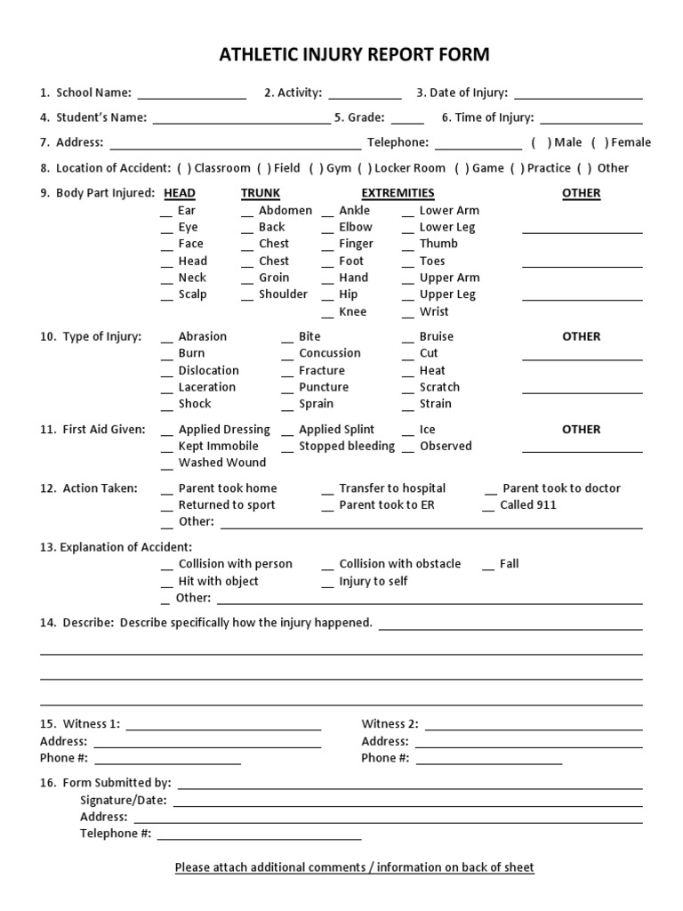 Athletic Injury Report Form | PDF | Wound | Musculoskeletal System