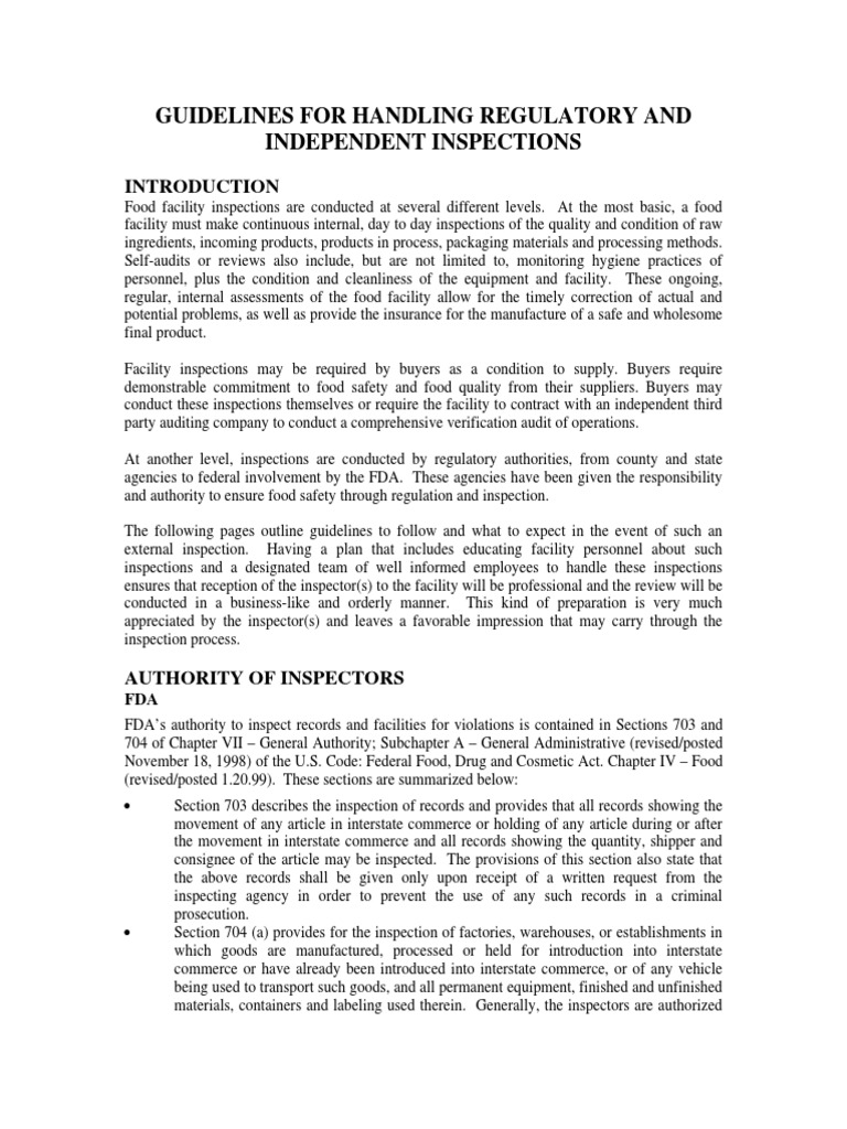 Guidelines For Handling Regulatory Inspection | PDF | Food And Drug ...
