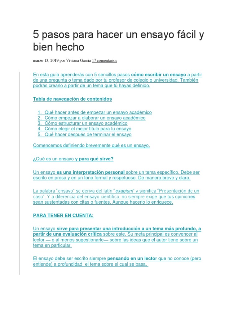 5 Pasos para Hacer Un Ensayo Fácil y Bien Hecho | PDF | Ensayos ...