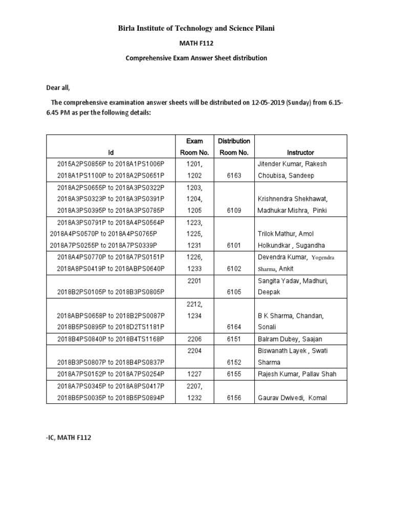 BITS Pilani MATH F112 Comprehensive Exam Answer Sheet Distribution | PDF