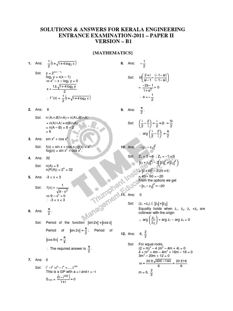Solutions & Answers For Kerala Engineering Entrance Examination-2011 ...