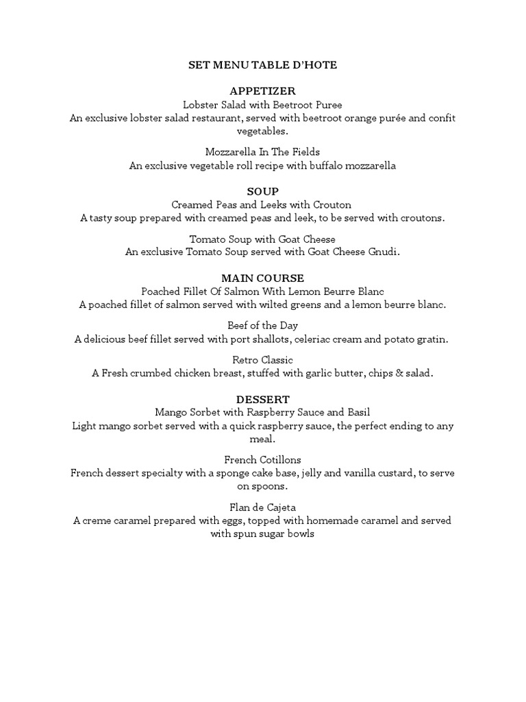 Set Menu Table D'Hote With Lobster Salad and Beef Fillet | PDF