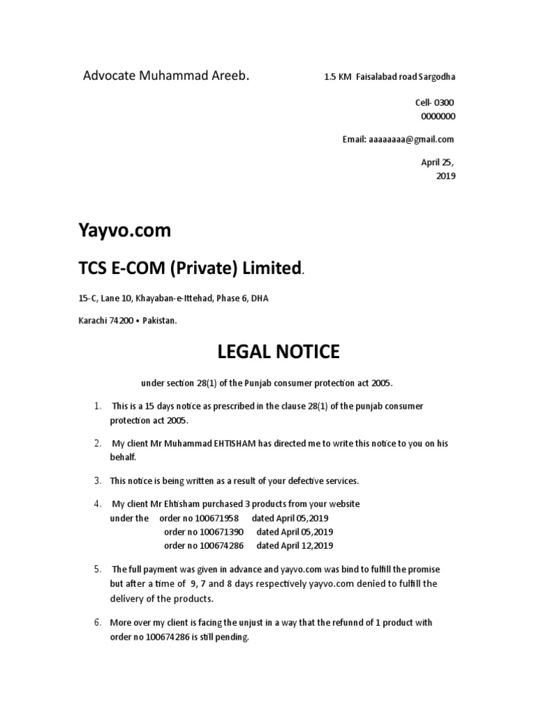 Consumer Court Sample Legal Notice | PDF | Private Law | Social ...