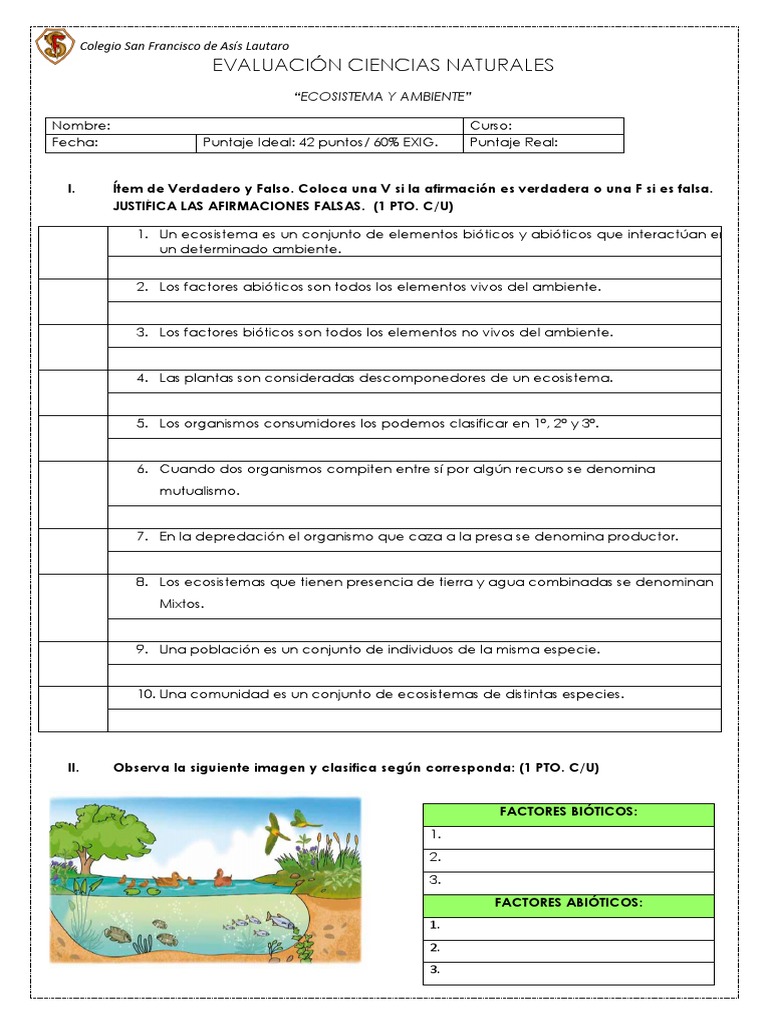 Evaluación Ecosistema 4° A | PDF | Ecosistema | Organismos