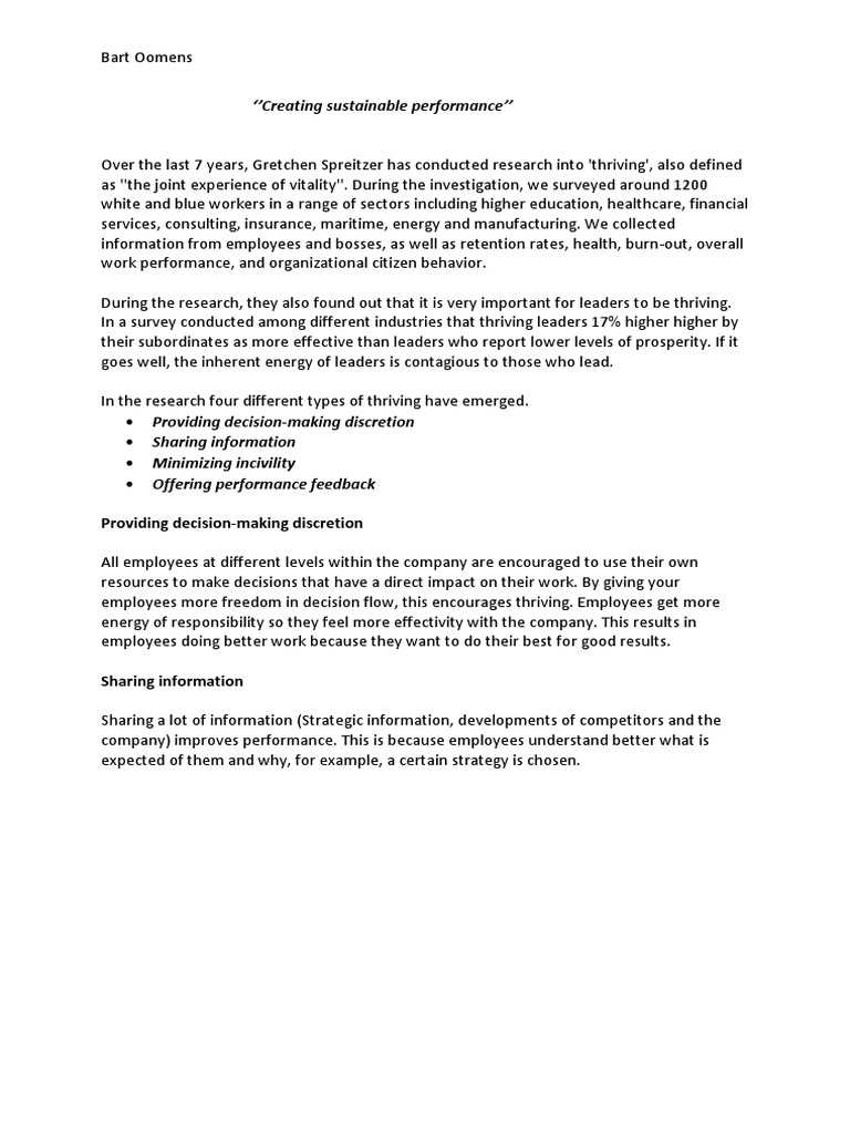 'Creating Sustainable Performance'' HBR | PDF | Employee Retention ...