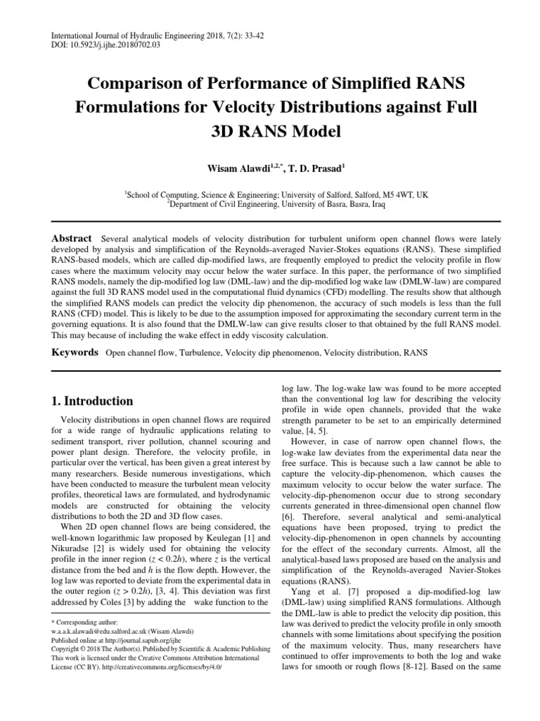 Comparison of Performance of Simplified RANS Formulations For Velocity ...