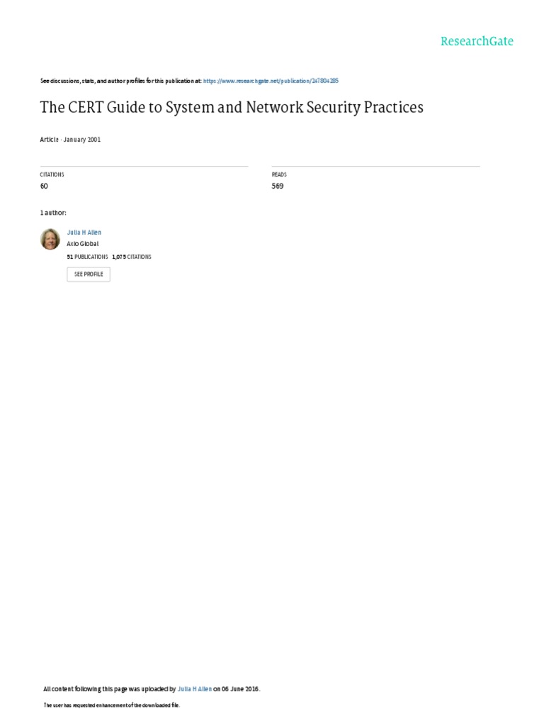 The CERT Guide To System and Network Security Practices: January 2001 | PDF | Information ...