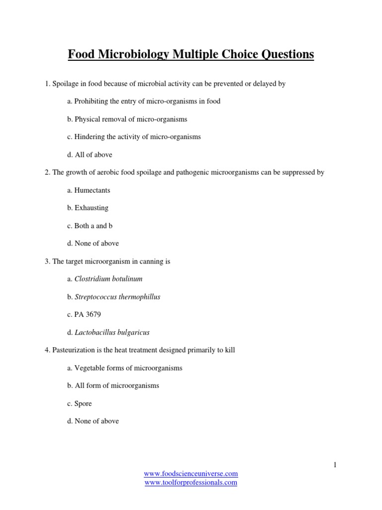 Food Microbiology MCQS With Answers Key | PDF | Microorganism ...