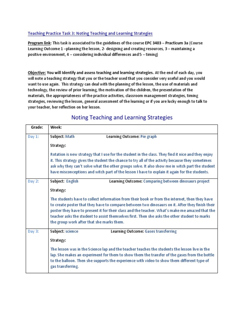 Teaching Practice Task 3: Noting Teaching and Learning Strategies | PDF ...