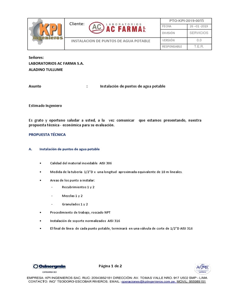Pto-Kpi-2019-0015 Laboratorio Ac Farma Instalacion de Puntos de Agua ...