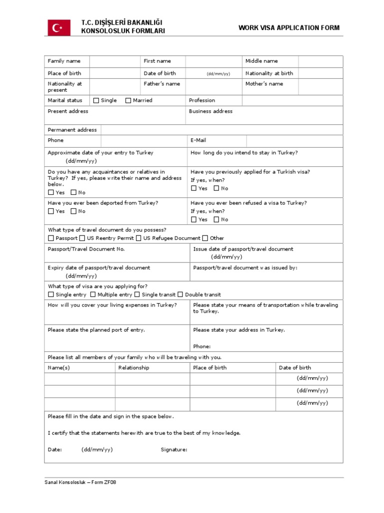 Turkish Work Visa Application Form | PDF | Travel Visa | Passport
