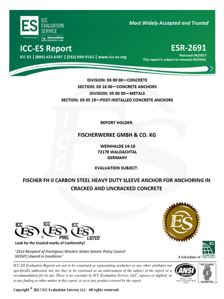 ICC ES Report ESR 2691: Fischerwerke GMBH & Co. KG | PDF | Strength Of ...