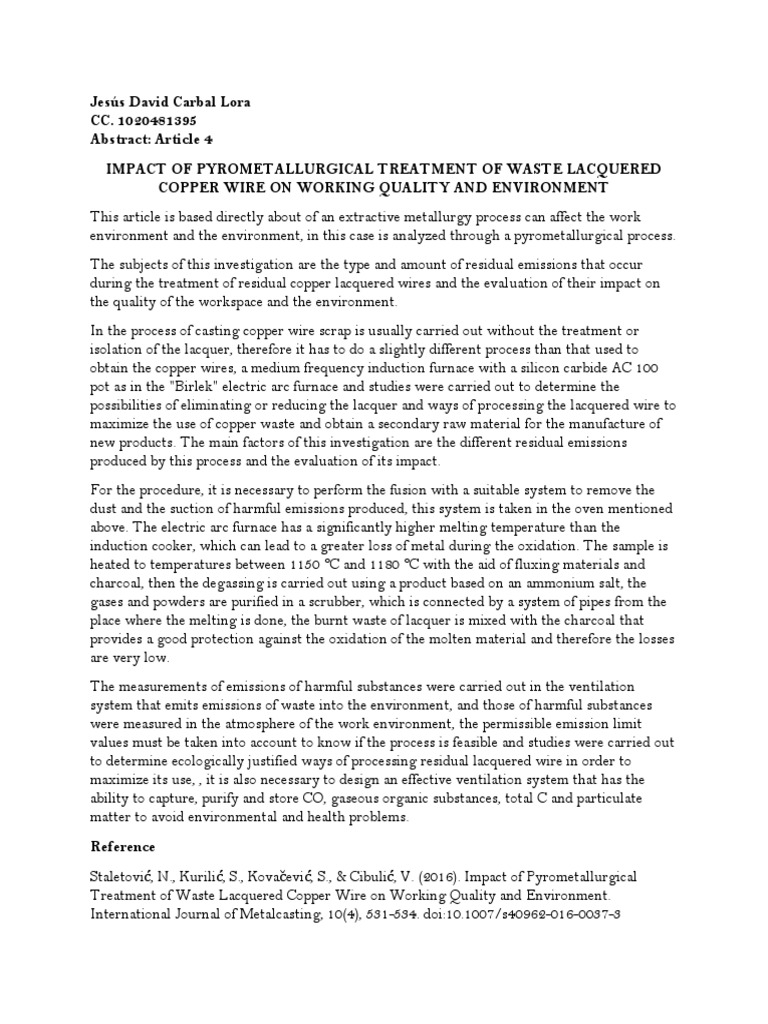 Resumen de IMPACT OF PYROMETALLURGICAL TREATMENT OF WASTE LACQUERED ...