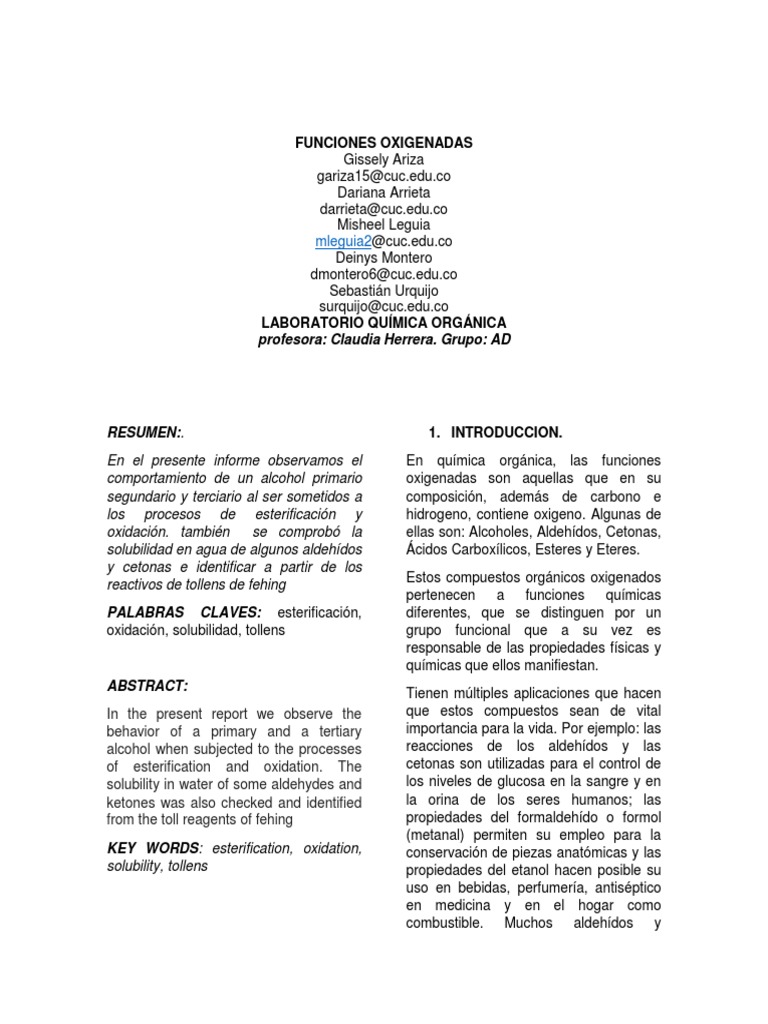 Funciones Oxigenadas | PDF | Alcohol | Cetona