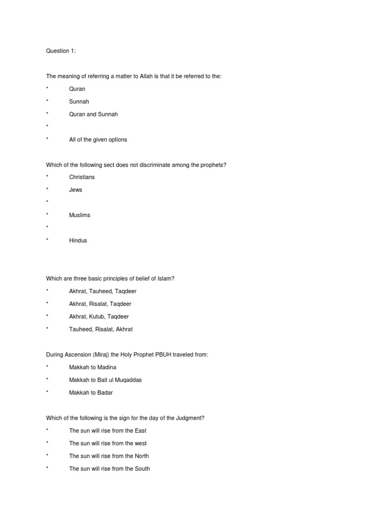 ISL 201 Quiz | Download Free PDF | Muhammad | Tawhid