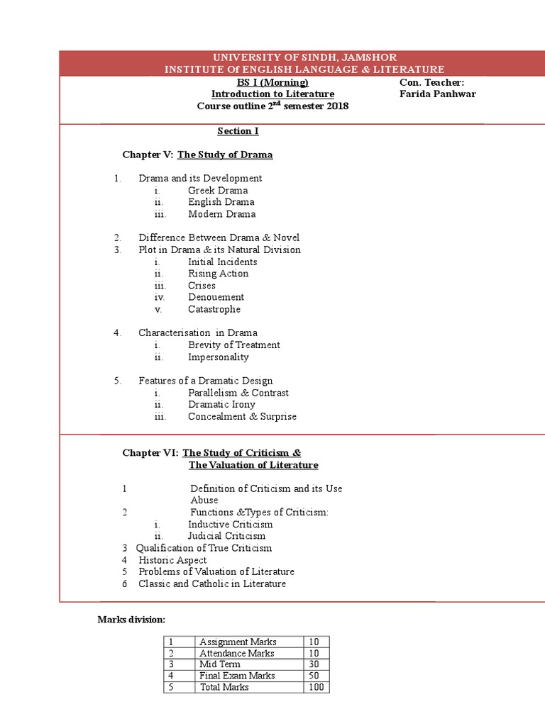BS I (Morning) Introduction To Literature Course Outline 2 Semester ...