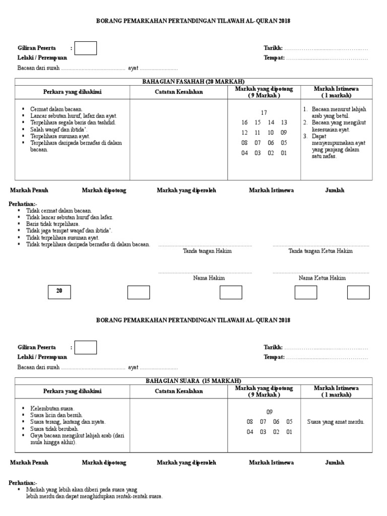 Borang Pemarkahan Pertandingan Tilawah Al Quran | PDF