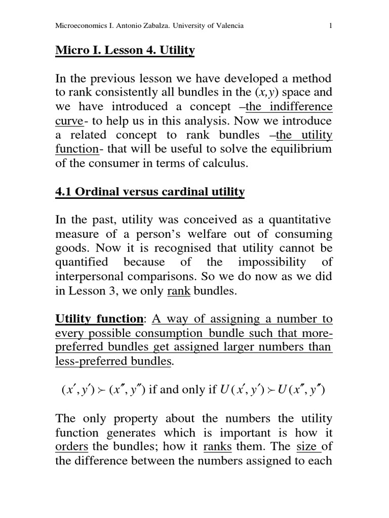 Micro I. Lesson 4 | PDF | Utility | Microeconomics