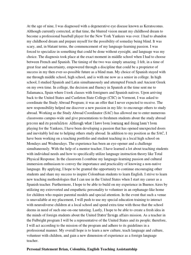 Personal Statement Brian, Colombia, English Teaching Assistantship ...